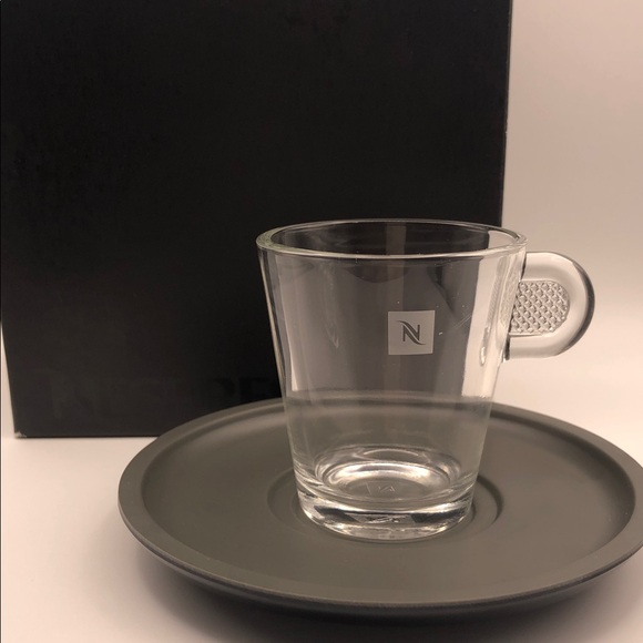 Nespresso | Kitchen | Nespresso Clear Glass Cup With Dark Gray Saucer ...